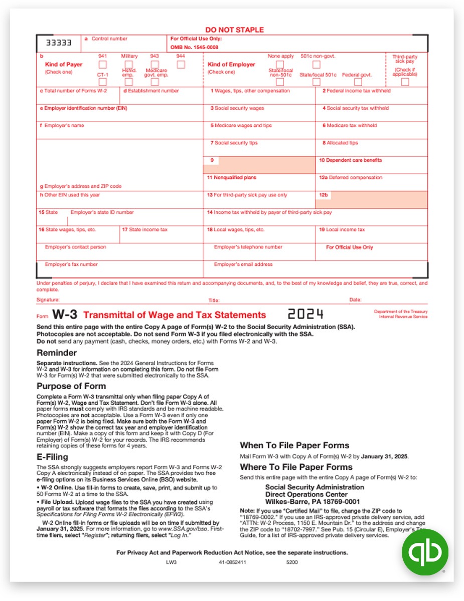 QuickBooks W2 Tax Forms Set, Official 2up Forms - DiscountTaxForms