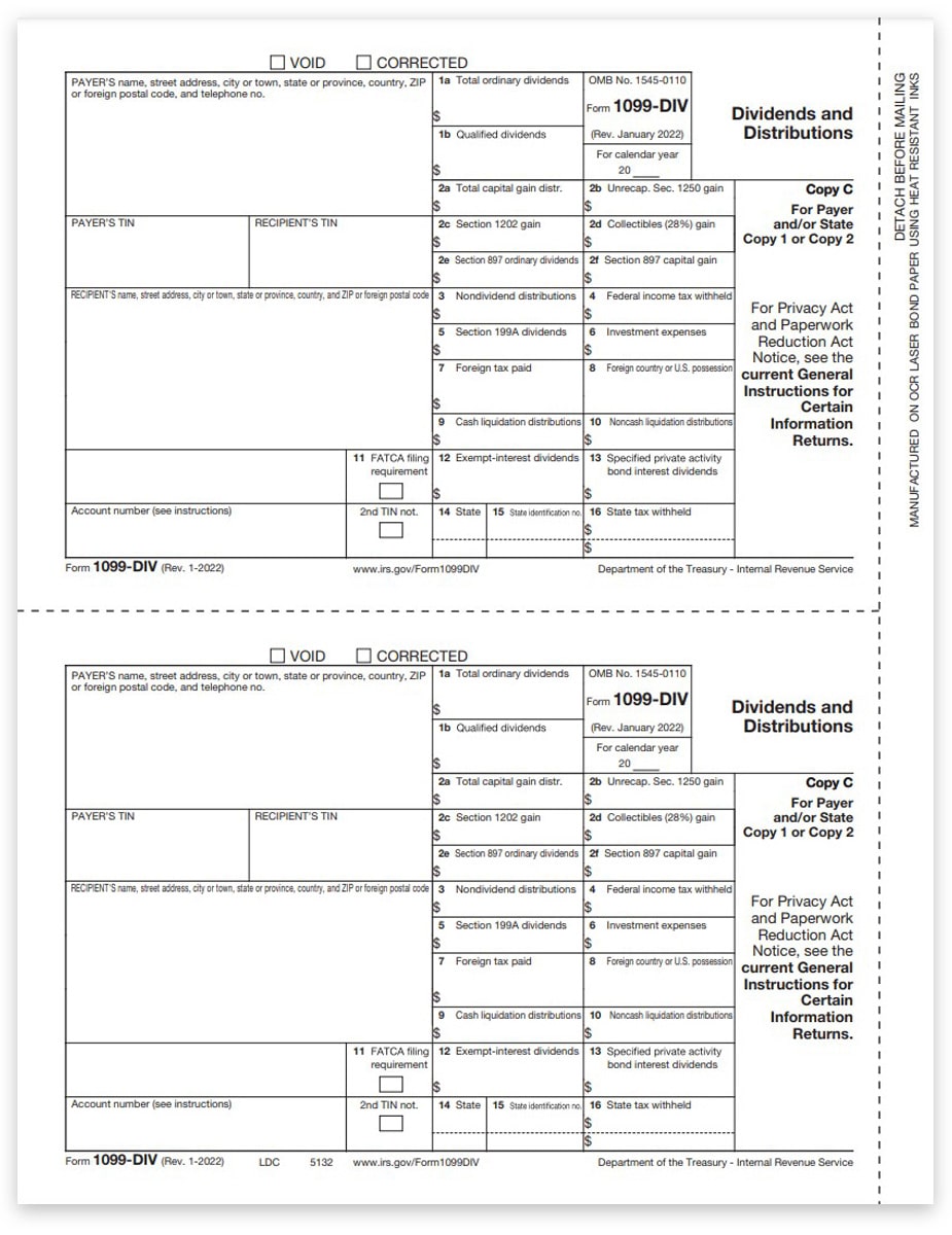 1099DIV Forms for 2022, Payer State Copy C-2-1 - DiscountTaxForms 1099DIV Forms for 2022, Payer State Copy C-2-1 - DiscountTaxForms