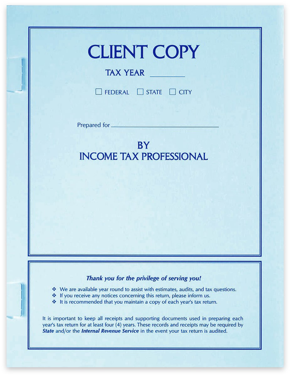 Client Copy, Side-Staple Tax Folders in Blue and White