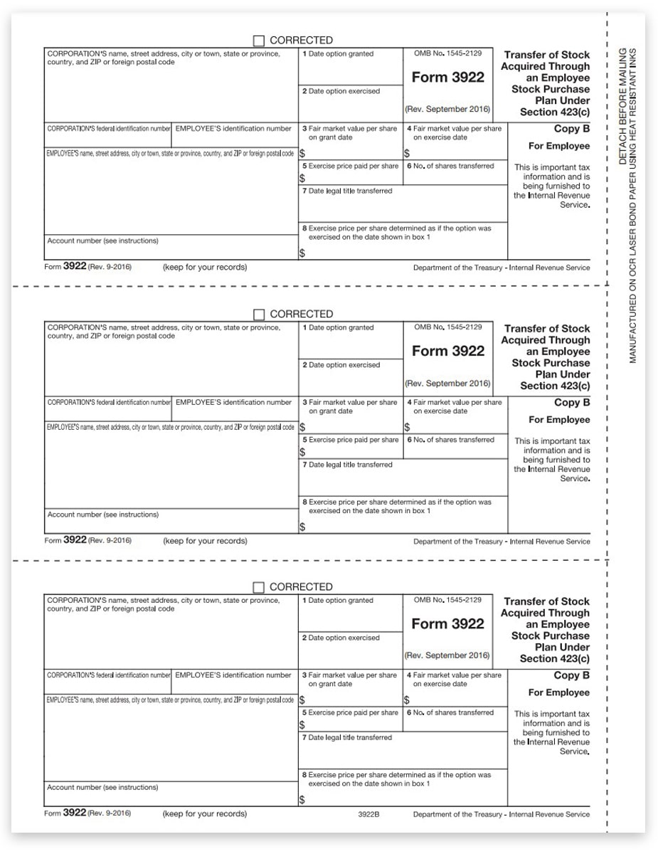 3922 Forms Employee Stock Purchase Employee Copy B DiscountTaxForms 3922 Forms Employee Stock Purchase Employee Copy B DiscountTaxForms