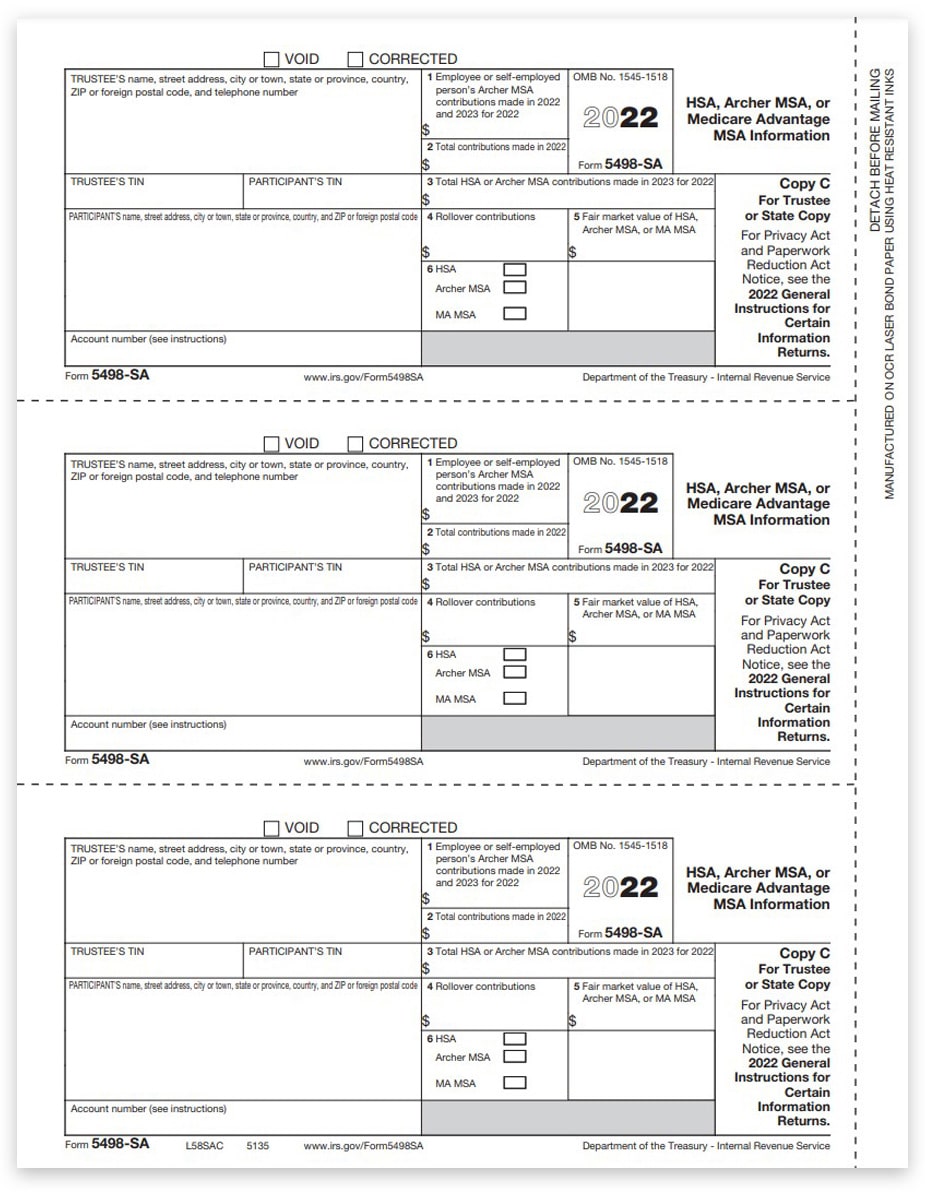 5498SA Tax Forms For HSA MSA Trustee Copy C DiscountTaxForms